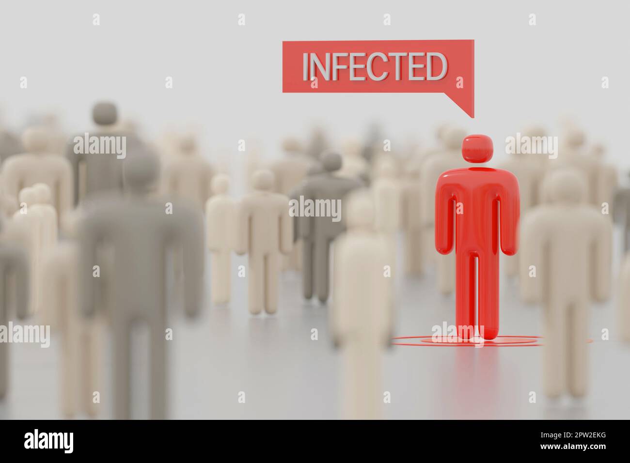 Infected person amid a large crowd in a public space. Digital 3D render ...