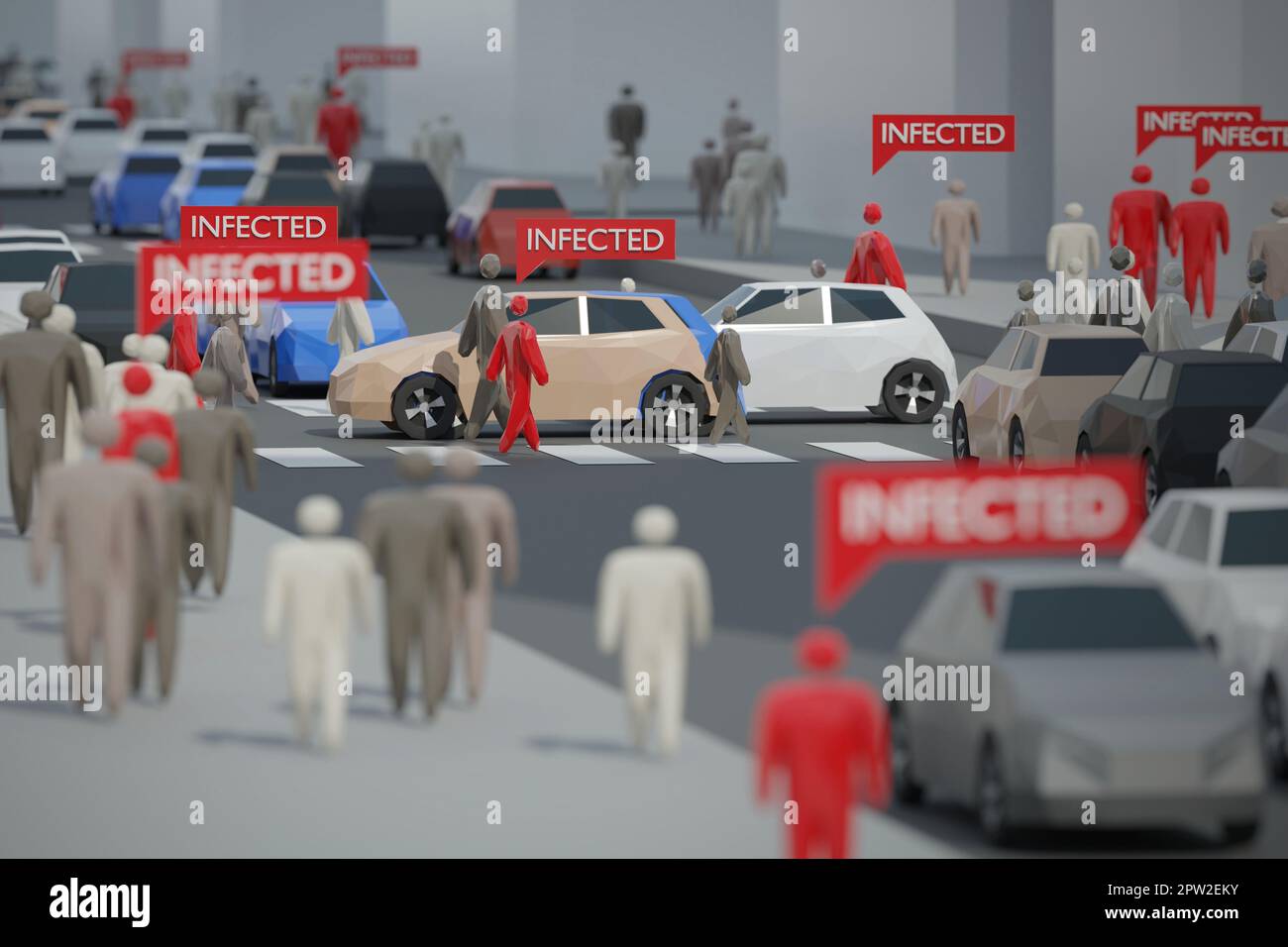Infected people walking on a city street. Digital 3D render concept ...