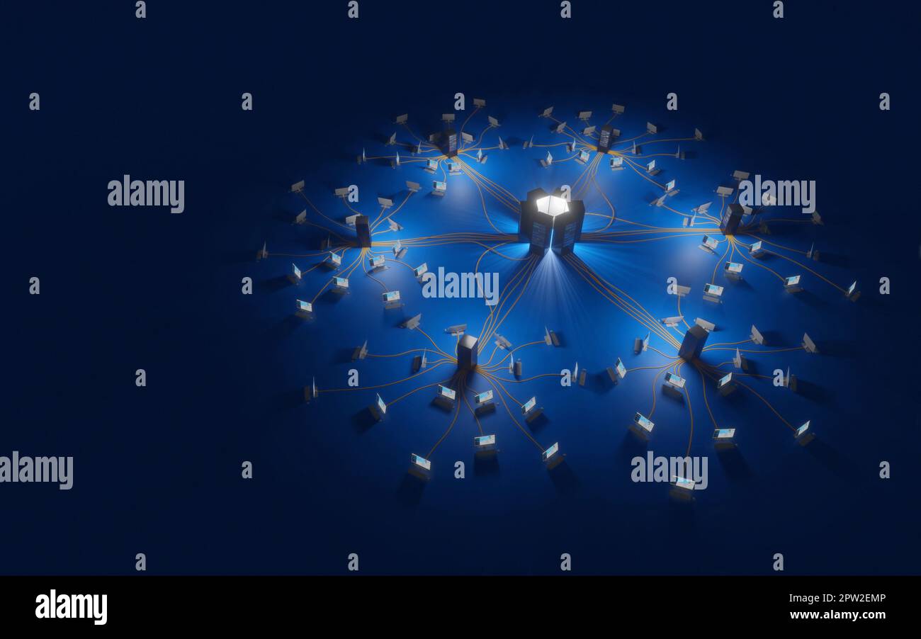 Network Infrastructure Desktop Computer Workstations Connected To Data Center Digital 3d