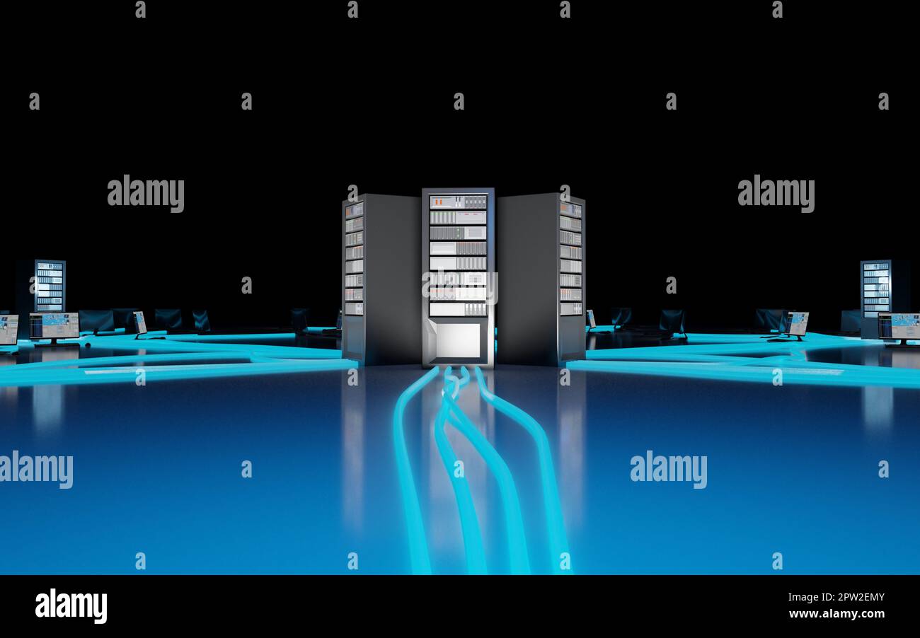 Cloud Computing Network Infrastructure Computer Workstations Connected To Data Center Digital