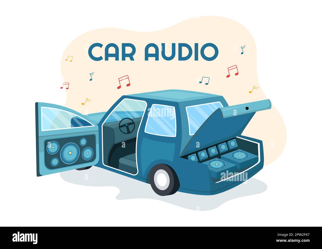 Car Audio with Loud Speakers, Sound System or Music Automobile in Flat ...