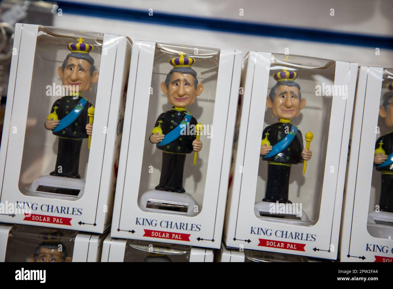 London, UK. 28th Apr 2023. Merchandise featuring King Charles III is ...