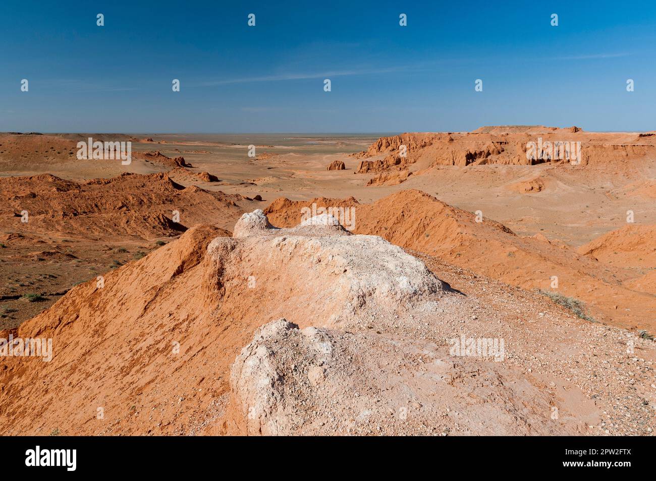 Plain with red rocks in dry landscape of Gobi desert in Mongolia ...