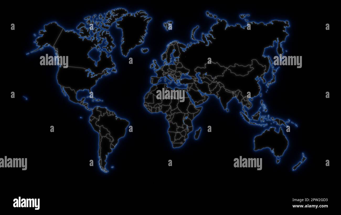 World map in blue neon on black with international political divisions ...
