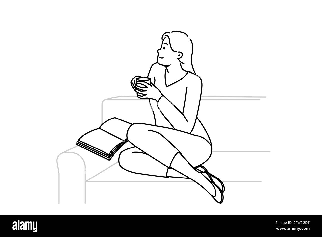 Happy girl sit on couch reading book drinking coffee Stock Vector Image ...