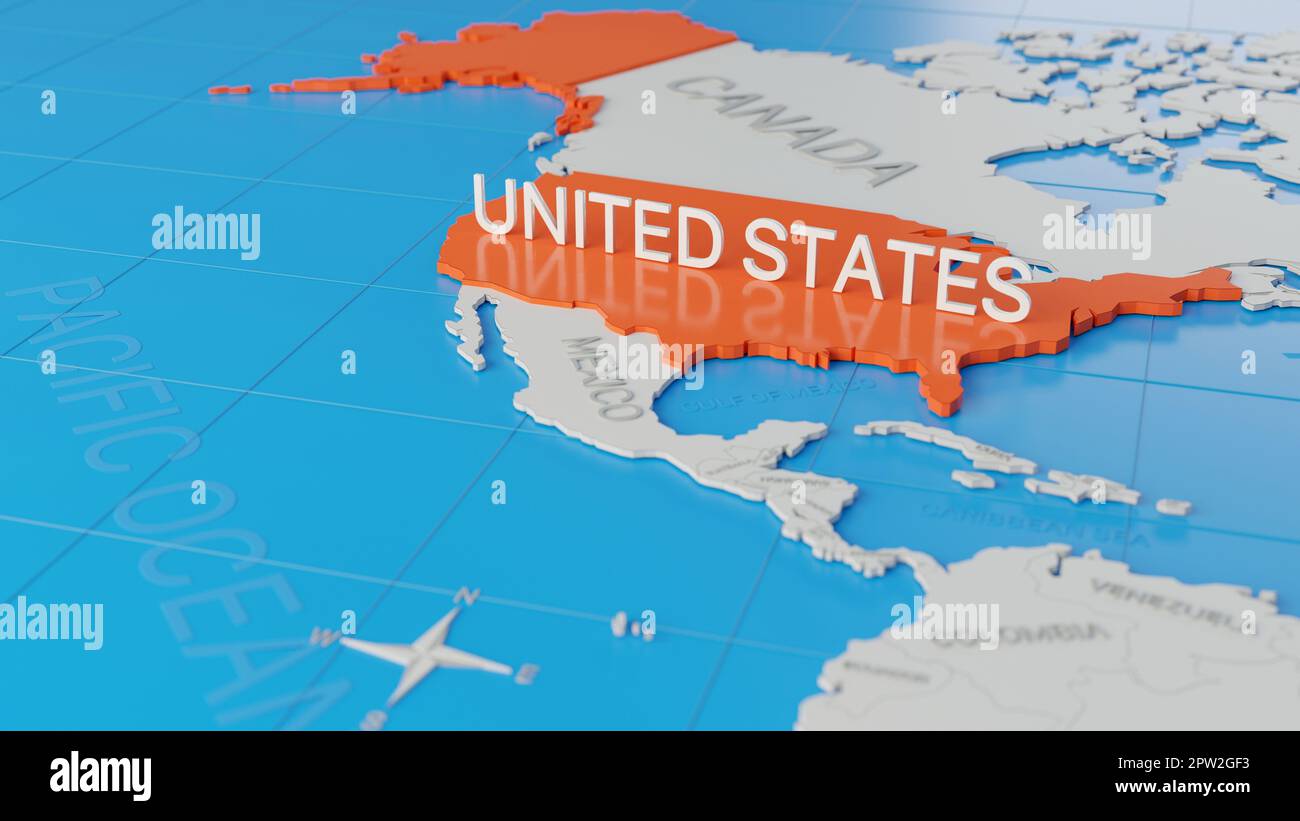 United States highlighted on a white simplified 3D world map. Digital ...