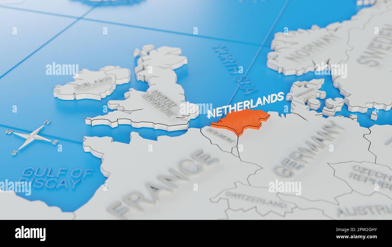 The Netherlands highlighted on a white simplified 3D world map. Digital ...