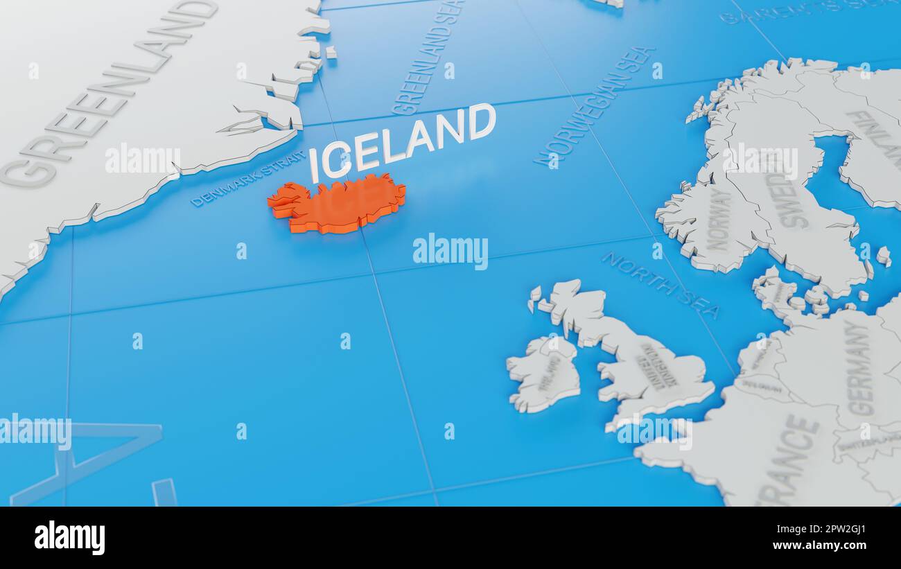 Iceland highlighted on a white simplified 3D world map. Digital 3D ...