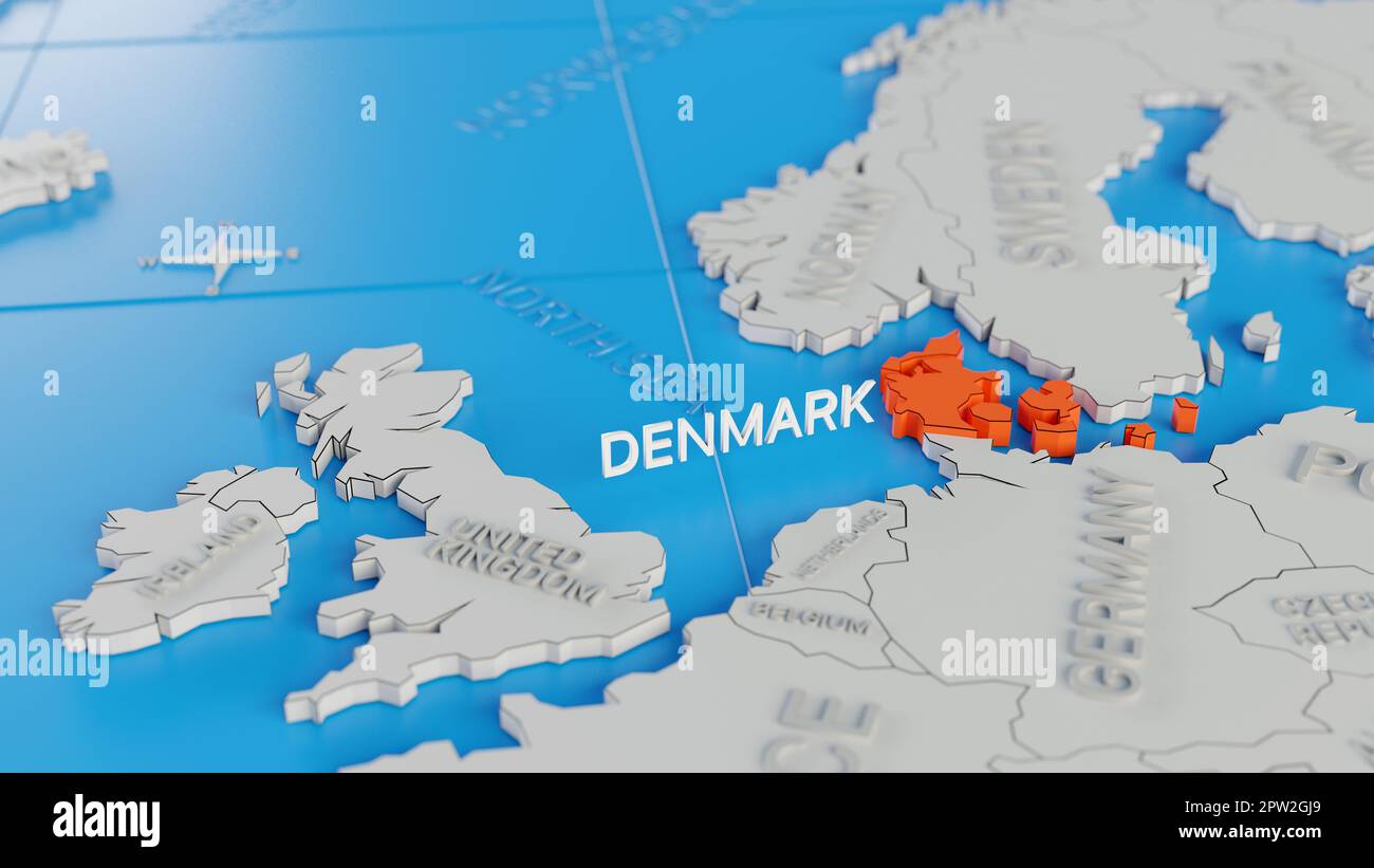 Denmark highlighted on a white simplified 3D world map. Digital 3D ...