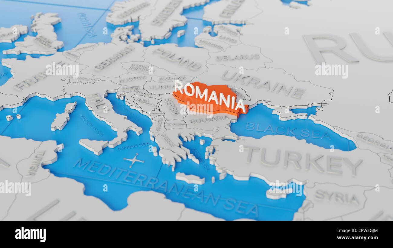 Romania highlighted on a white simplified 3D world map. Digital 3D ...