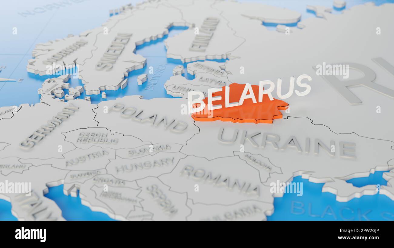 Belarus highlighted on a white simplified 3D world map. Digital 3D ...