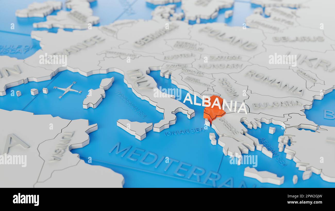 Albania highlighted on a white simplified 3D world map. Digital 3D ...