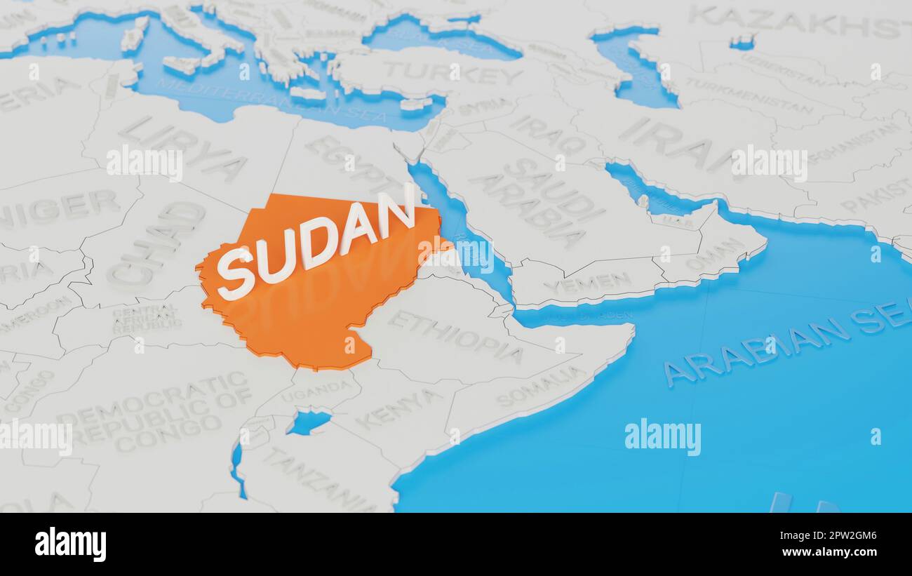 Sudan highlighted on a white simplified 3D world map. Digital 3D render ...