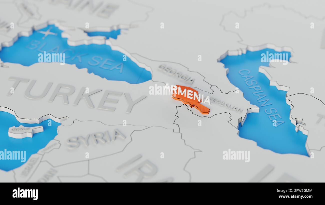 Armenia highlighted on a white simplified 3D world map. Digital 3D ...