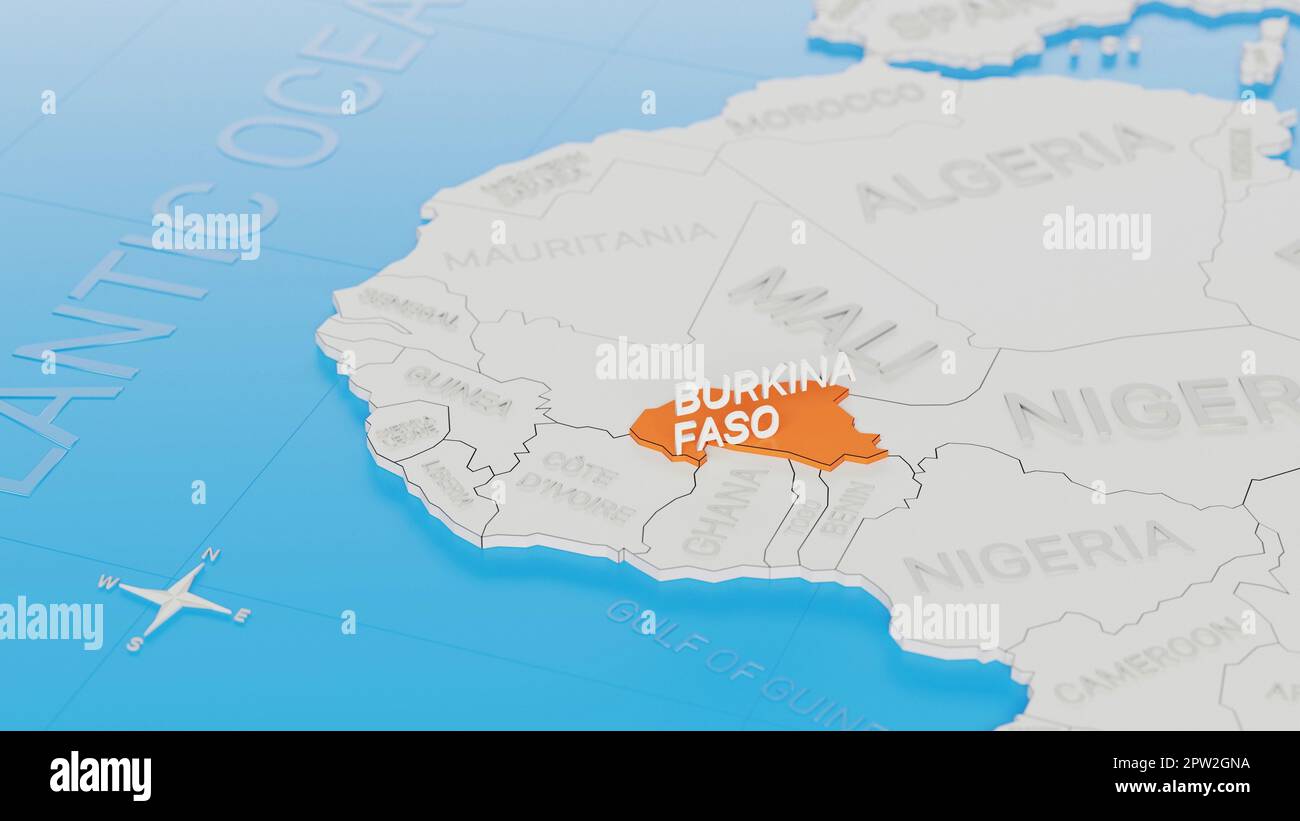 Burkina Faso highlighted on a white simplified 3D world map. Digital 3D ...