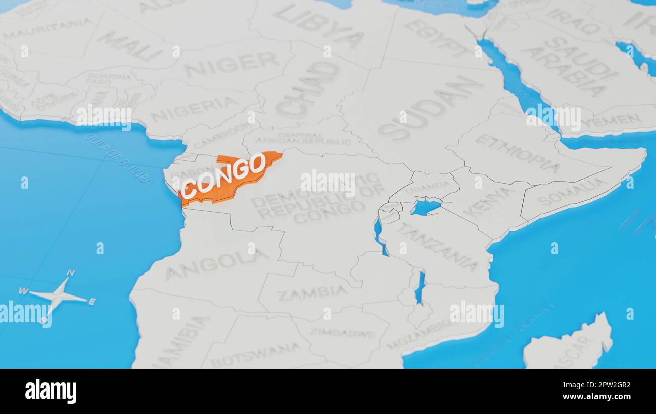 Congo highlighted on a white simplified 3D world map. Digital 3D render ...