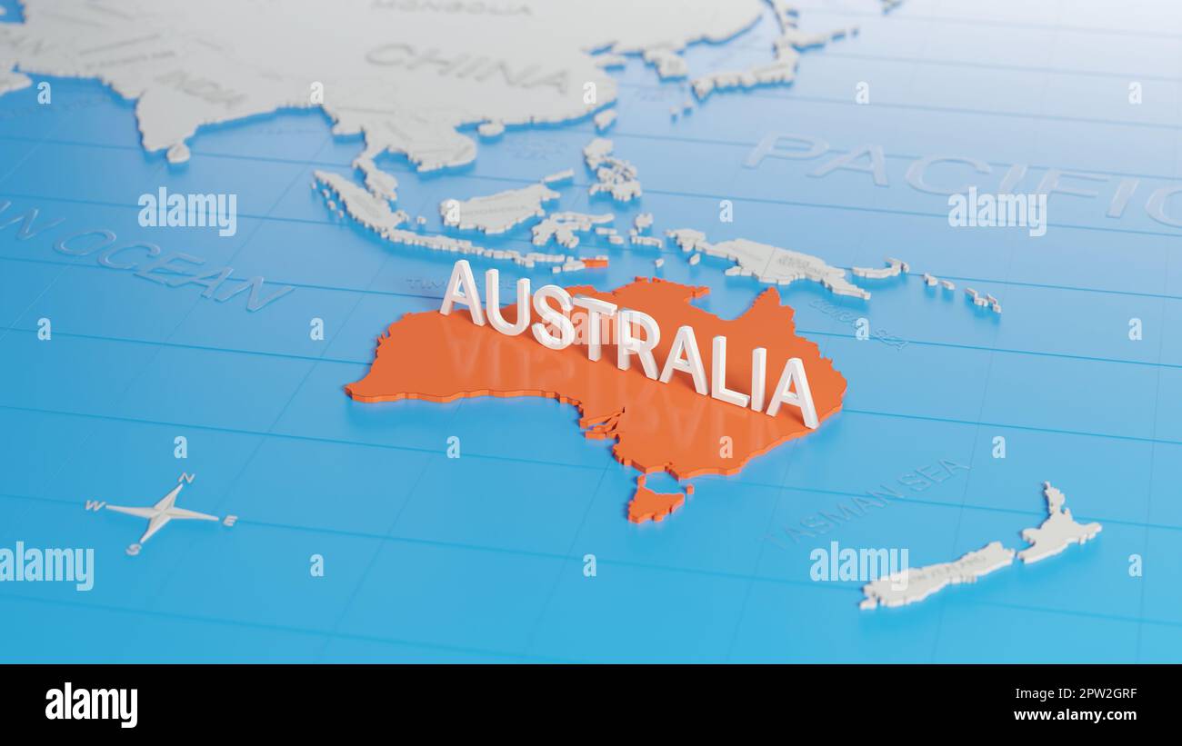 Australia highlighted on a white simplified 3D world map. Digital 3D ...