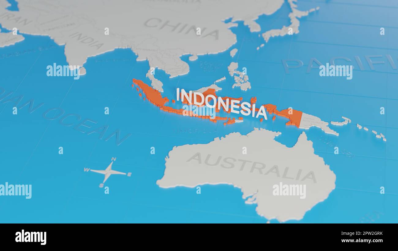 Indonesia highlighted on a white simplified 3D world map. Digital 3D ...