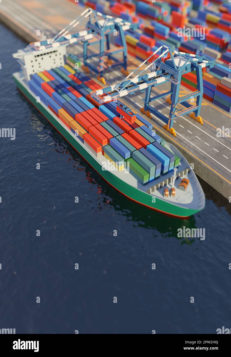 Port cranes loading containers on a cargo ship at the port. Elevated ...