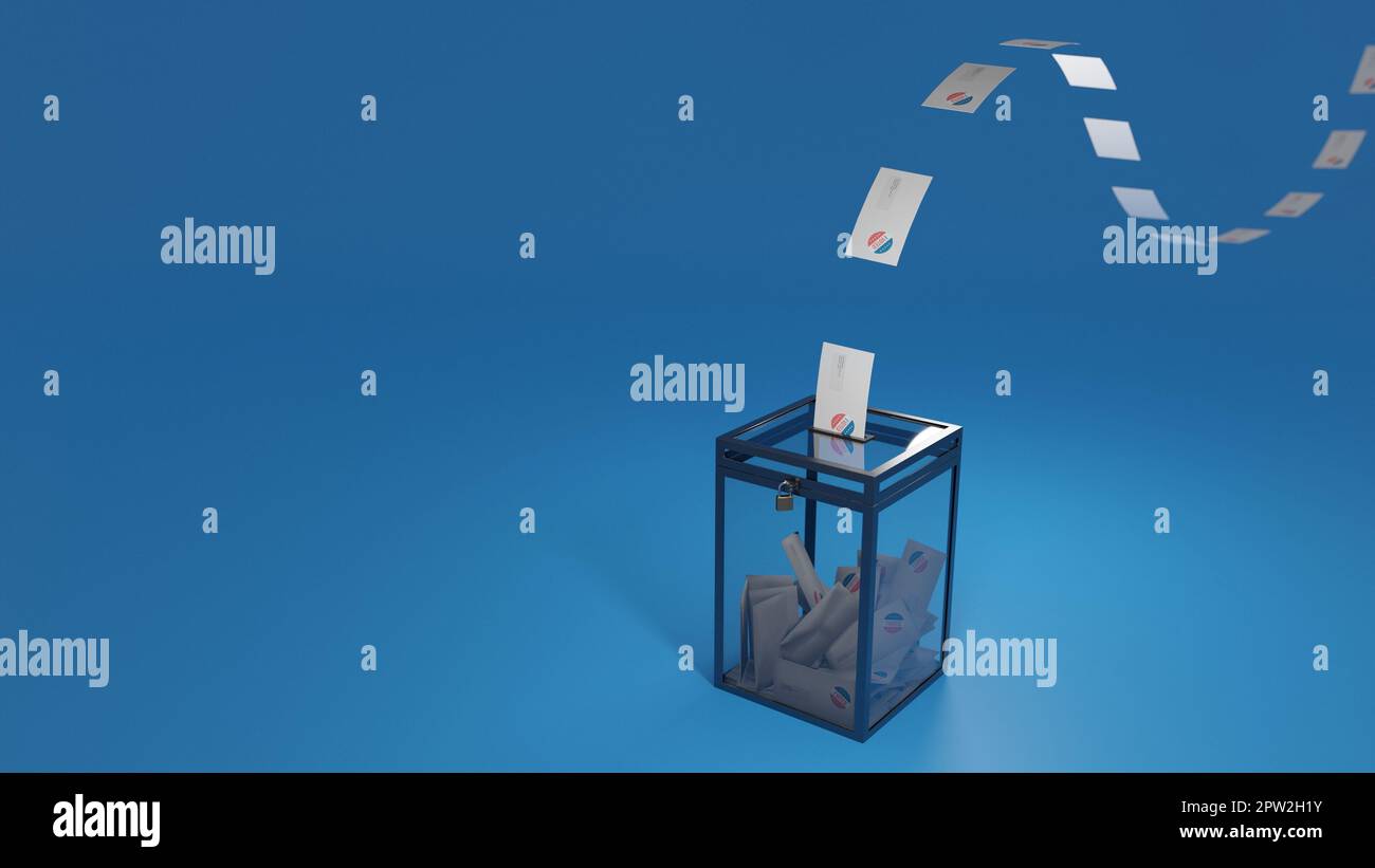US elections, ballot box with flying envelopes. Voting by mail ...