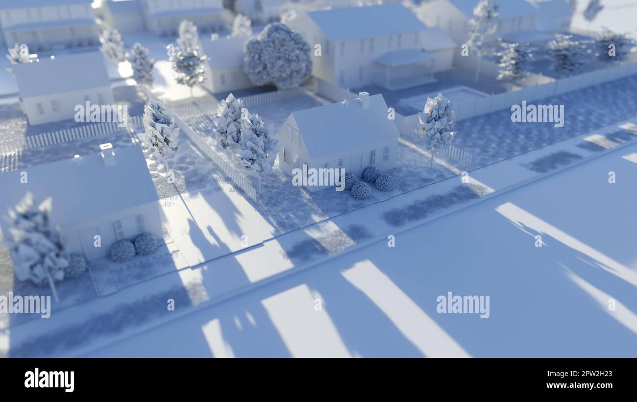 Small suburban house in a nice neighborhood. Tilt shift effect. Digital ...