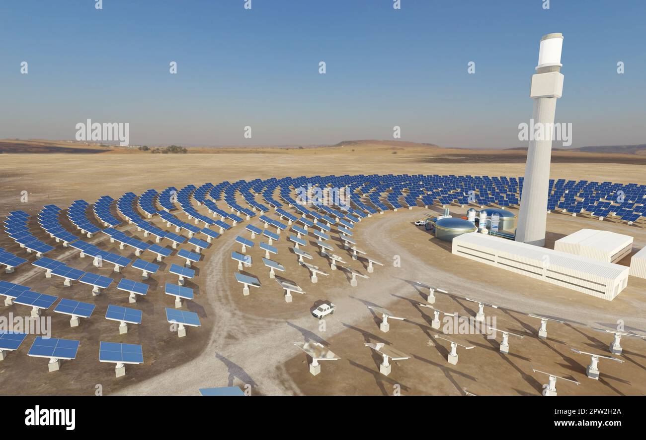 Solar thermal energy plant with a circular array of collectors. Clean ...