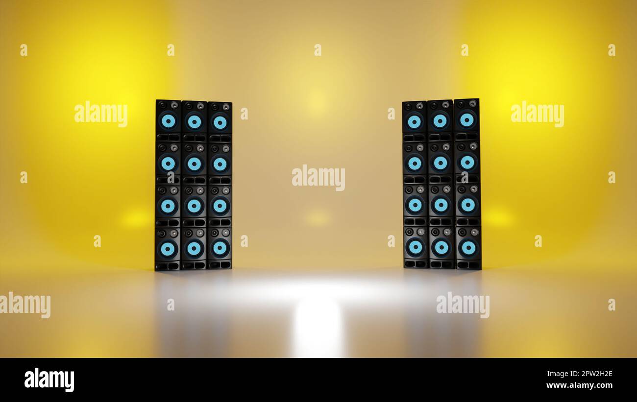 Tower of loudspeakers on stage. Music concert, recording studio concept ...