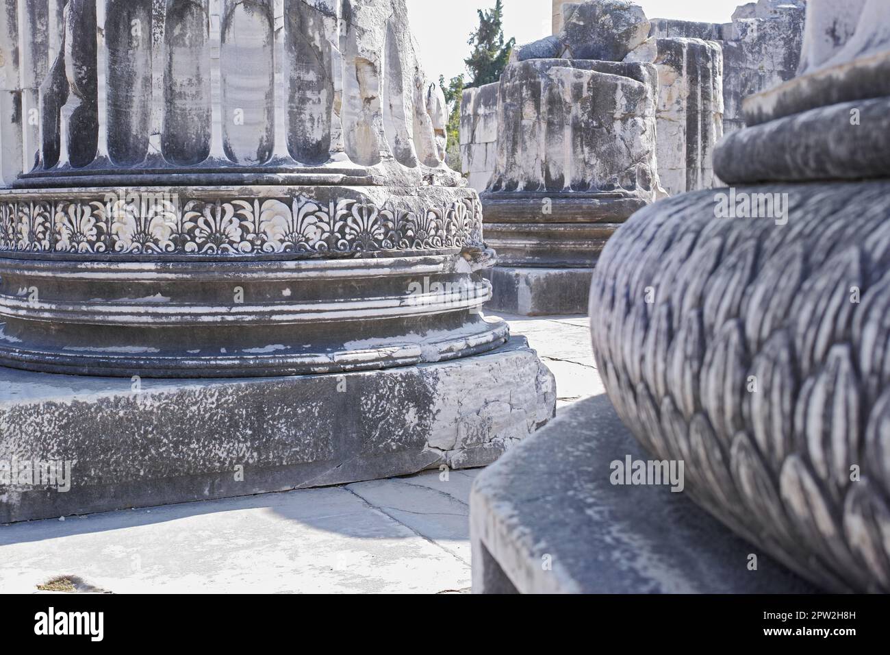 Closeup of architecture pillars in the Temple of Apollo in Didyma ...