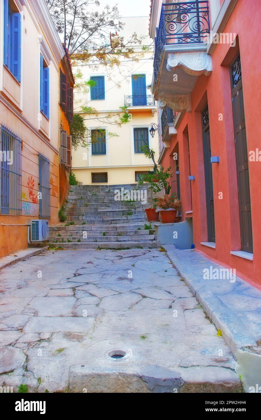 View of an empty street alley between city buildings abroad in Germany ...