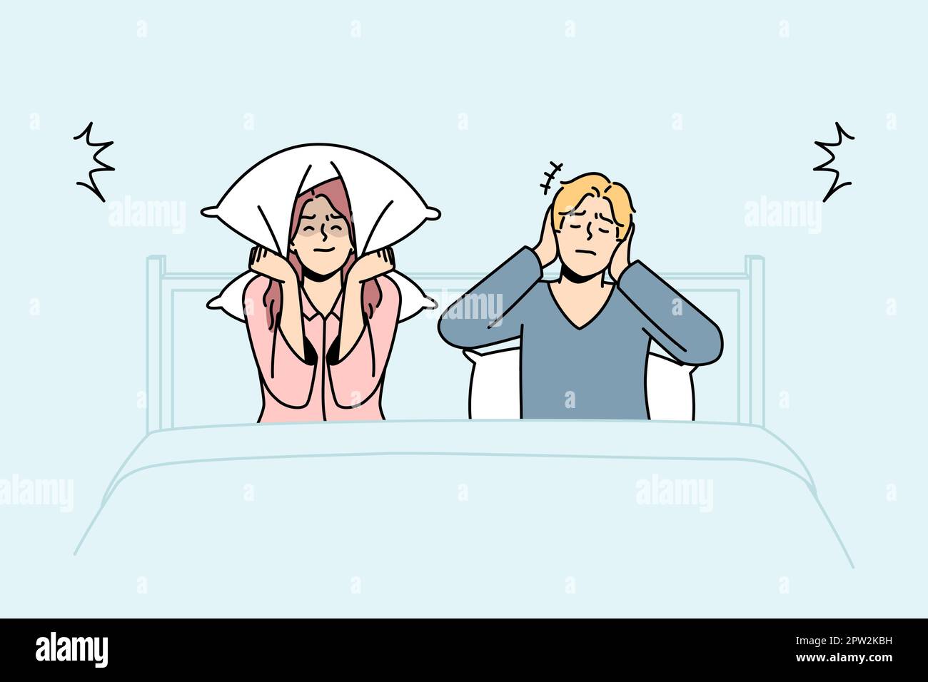 Unhappy couple in bed suffer from noisy neighbors Stock Vector Image ...