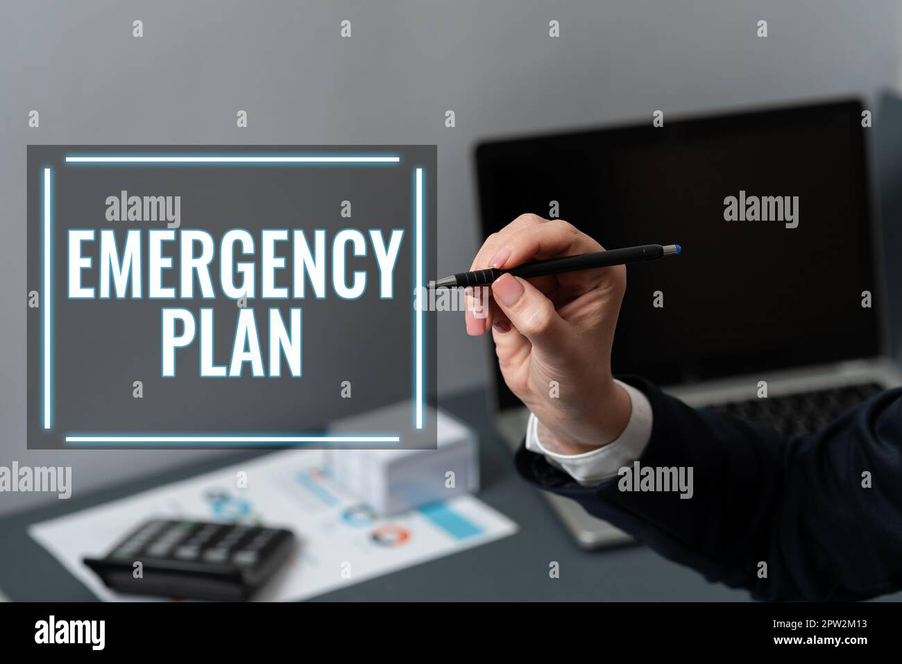 Sign displaying Emergency Plan, Business approach Procedures for ...