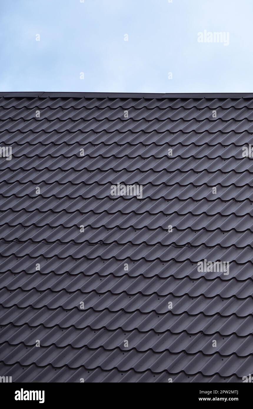 The texture of the roof of painted metal. Close-up detailed view of ...