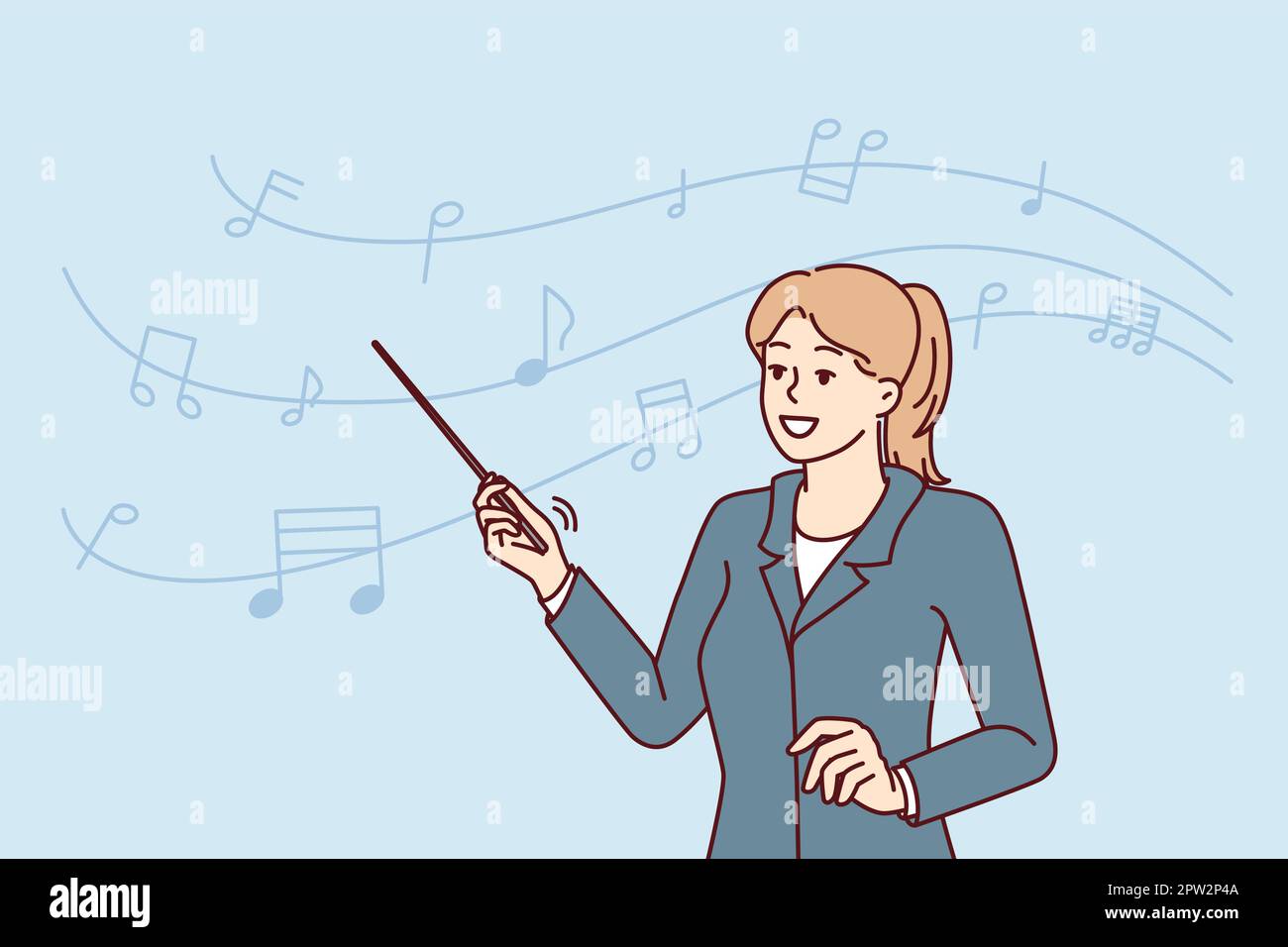 Woman conductor musical orchestra with pointer in hand stands near ...