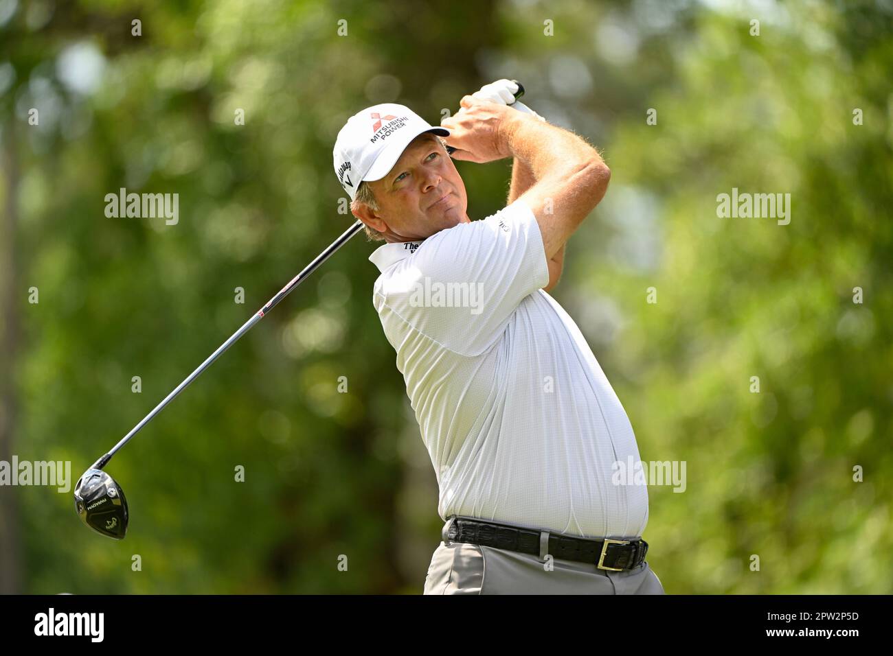 THE WOODLANDS, TX - APRIL 28: Retief Goosen watches his tee shot on 11 ...
