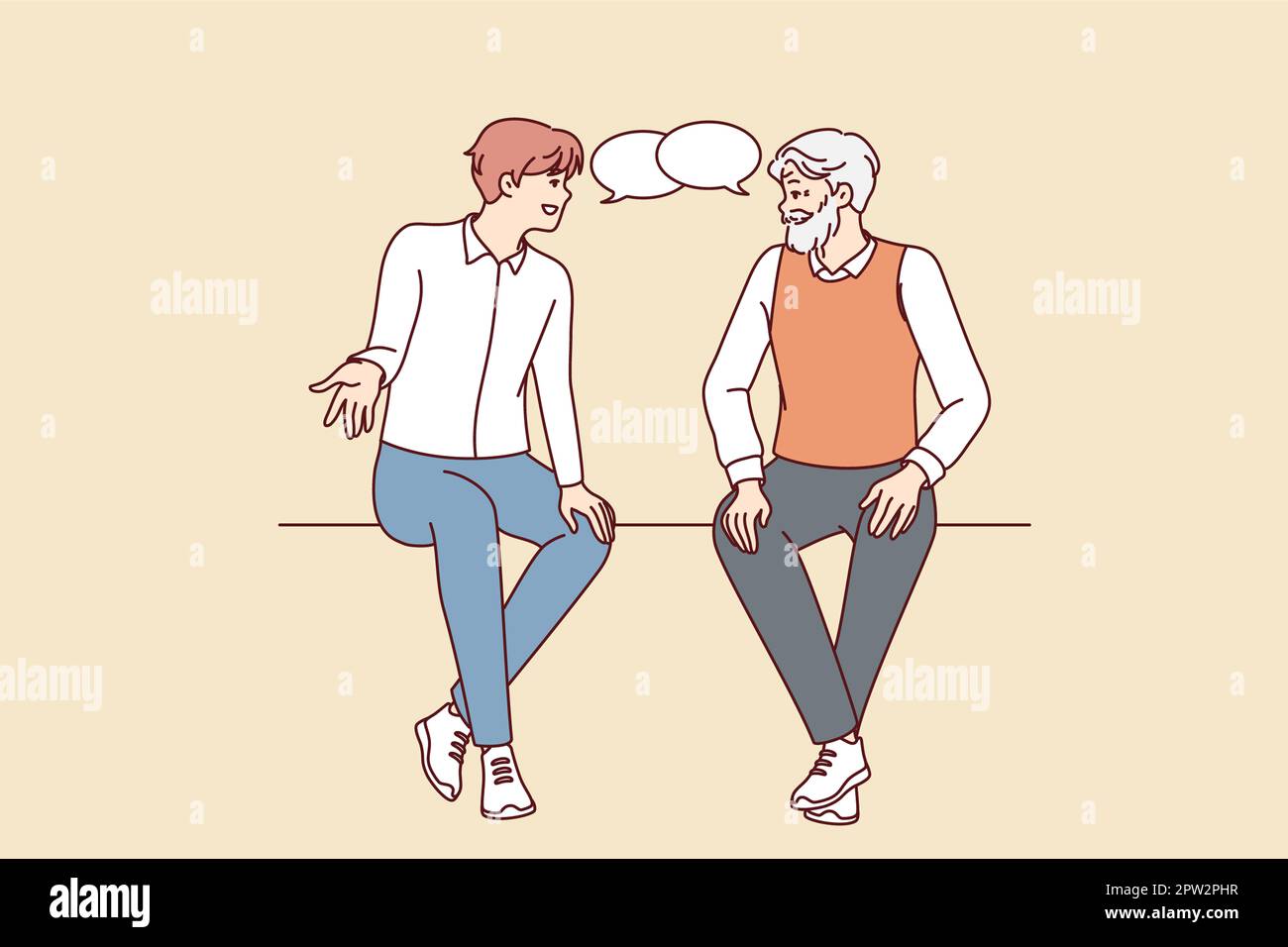 Old and young men sitting together talking. Older and younger male ...