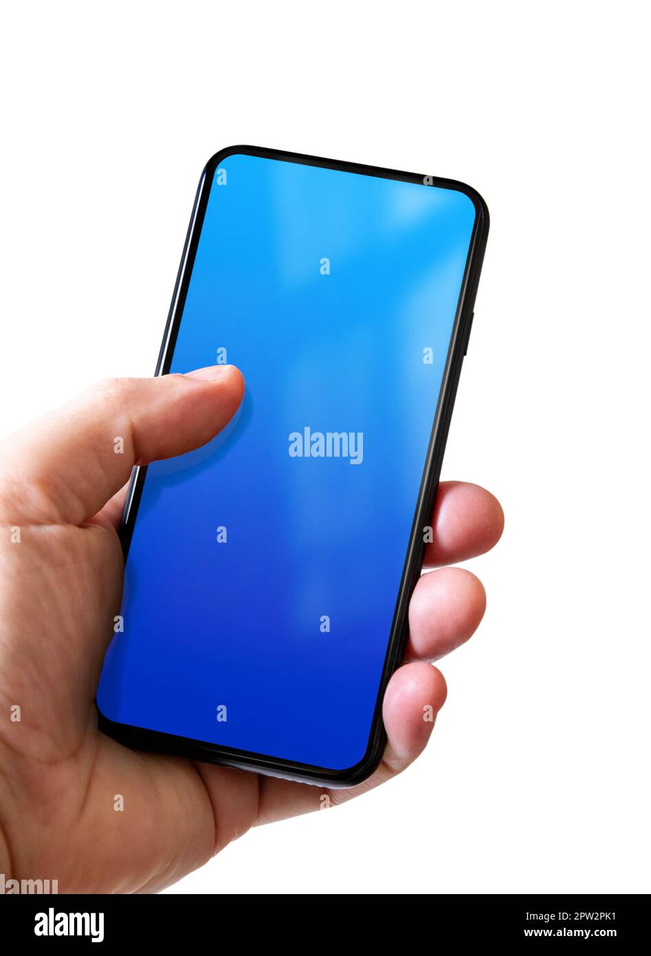 Hand holding a smartphone with blank blue screen. Isolated on white ...