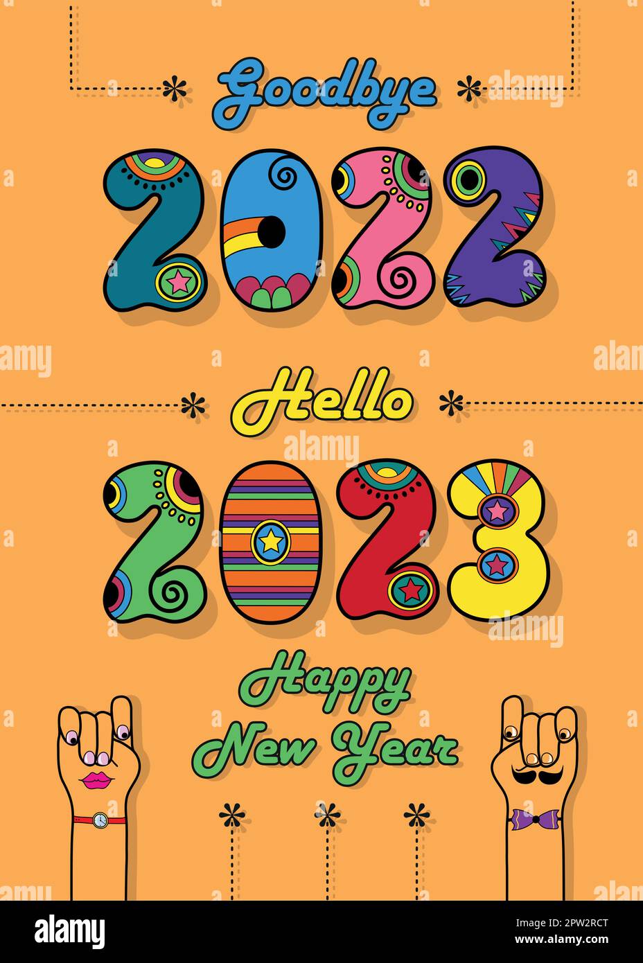 Goodbye 2022. Hello 2023. Happy New Year. Disco colorful numbers with ...