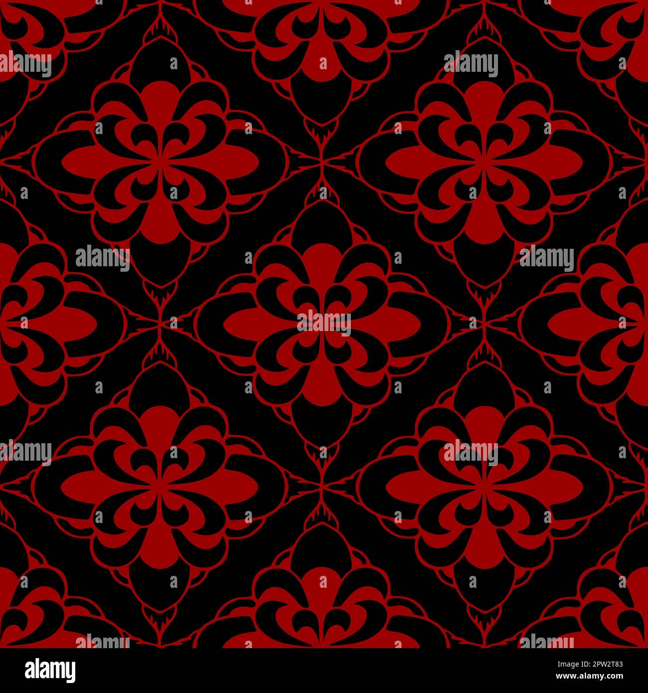 seamless tile pattern of abstract geometric red elements on a black ...