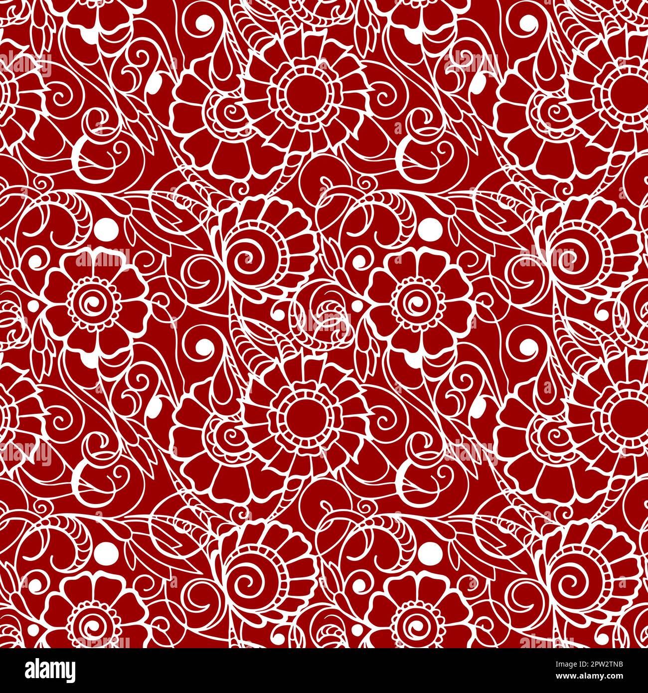 seamless contour pattern of large white graphic flowers on a red ...