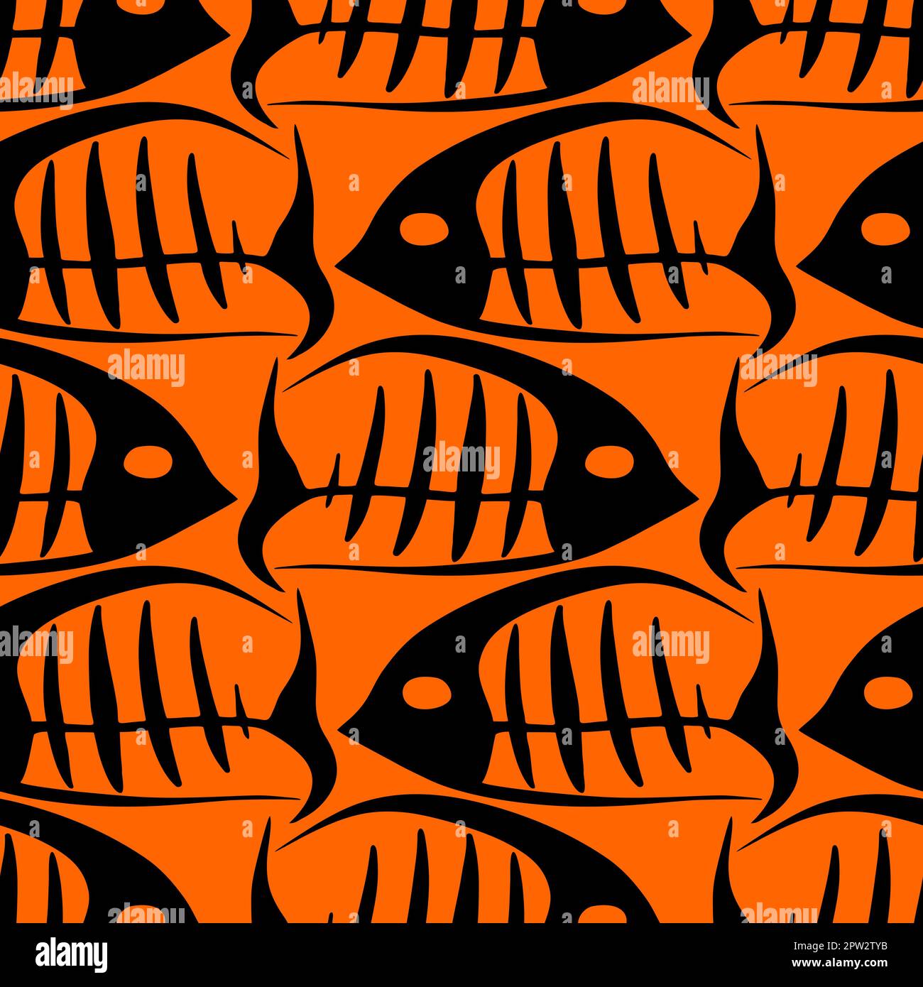 graphic black and orange fish skeletons seamless pattern, texture ...