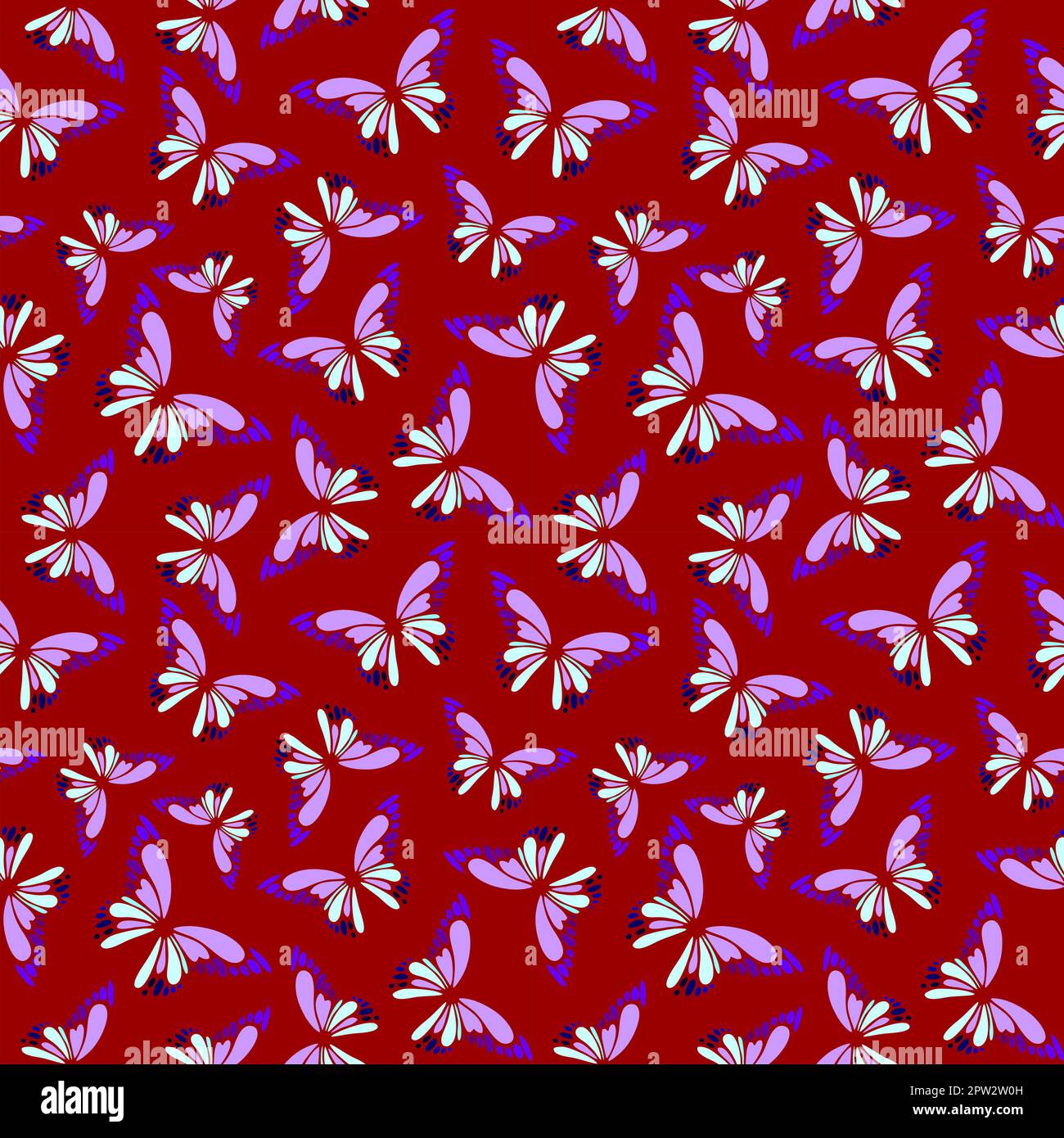 seamless pattern of blue-violet decorative butterflies on a red ...