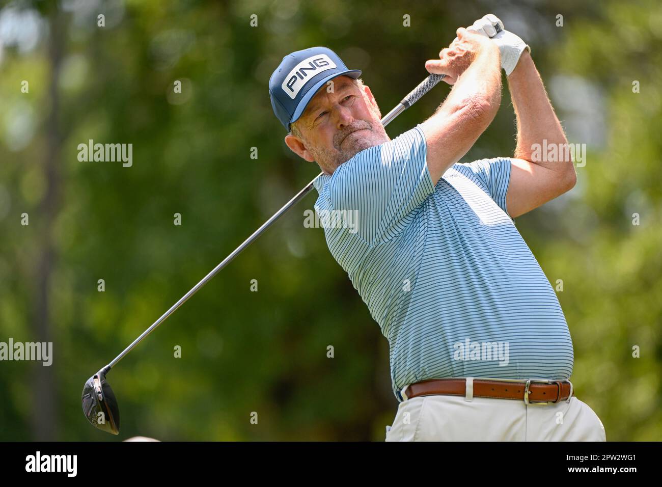 THE WOODLANDS, TX - APRIL 28: Jeff Maggert watches his tee shot on 11 ...