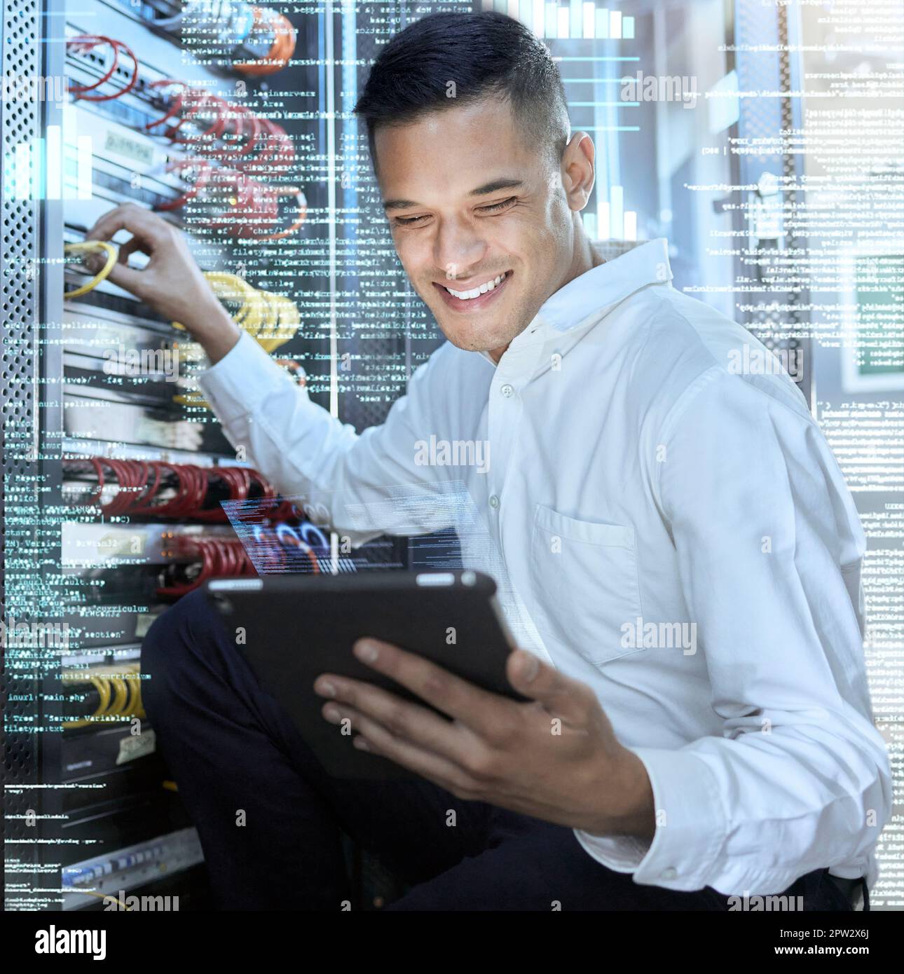 Server Room Tablet And Programmer Man Engineering Code And Technology For Programming Cloud