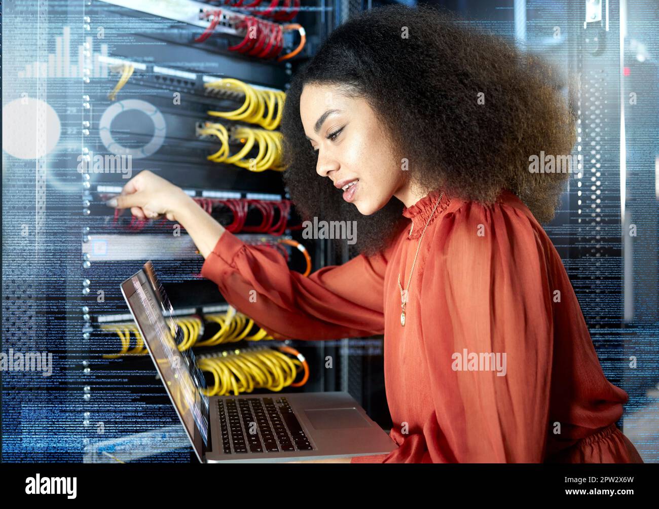 Black Woman Laptop And Server With Internet Connection Check Cyber Security Programming And