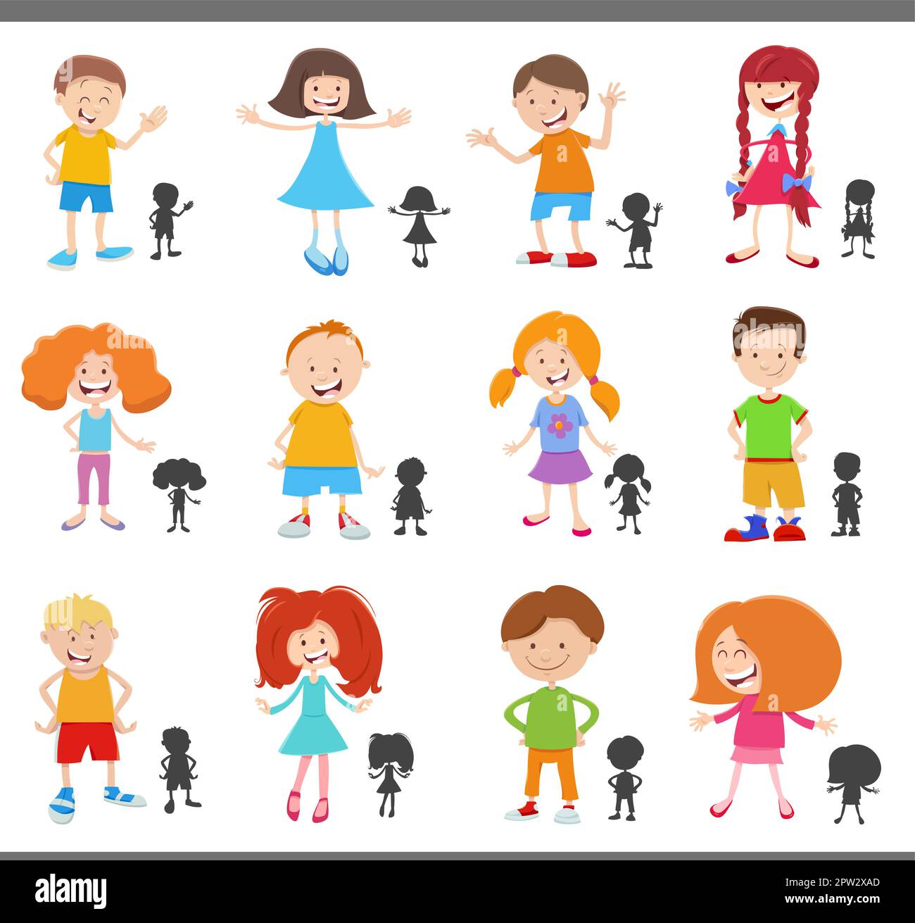 cartoon happy children characters with silhouettes set Stock Vector ...