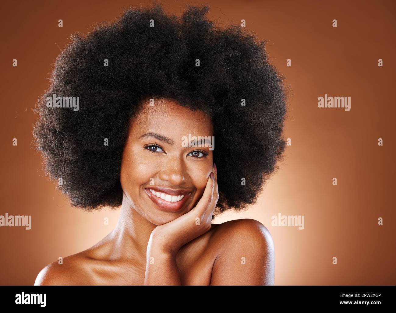 Beauty portrait of black woman with skincare, hair care and satisfied ...