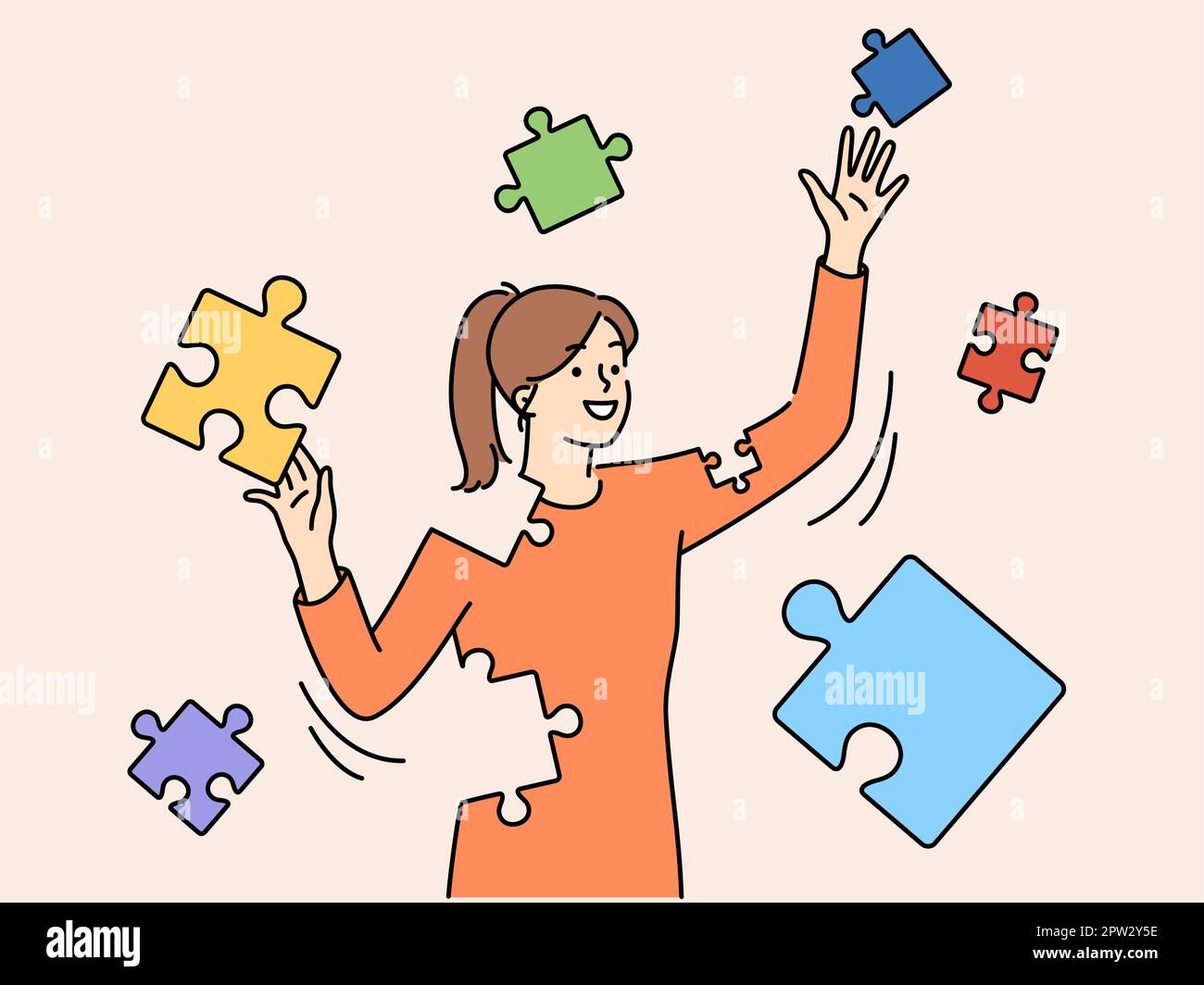 Smiling young woman join jigsaw rebuild personality. Happy female with ...