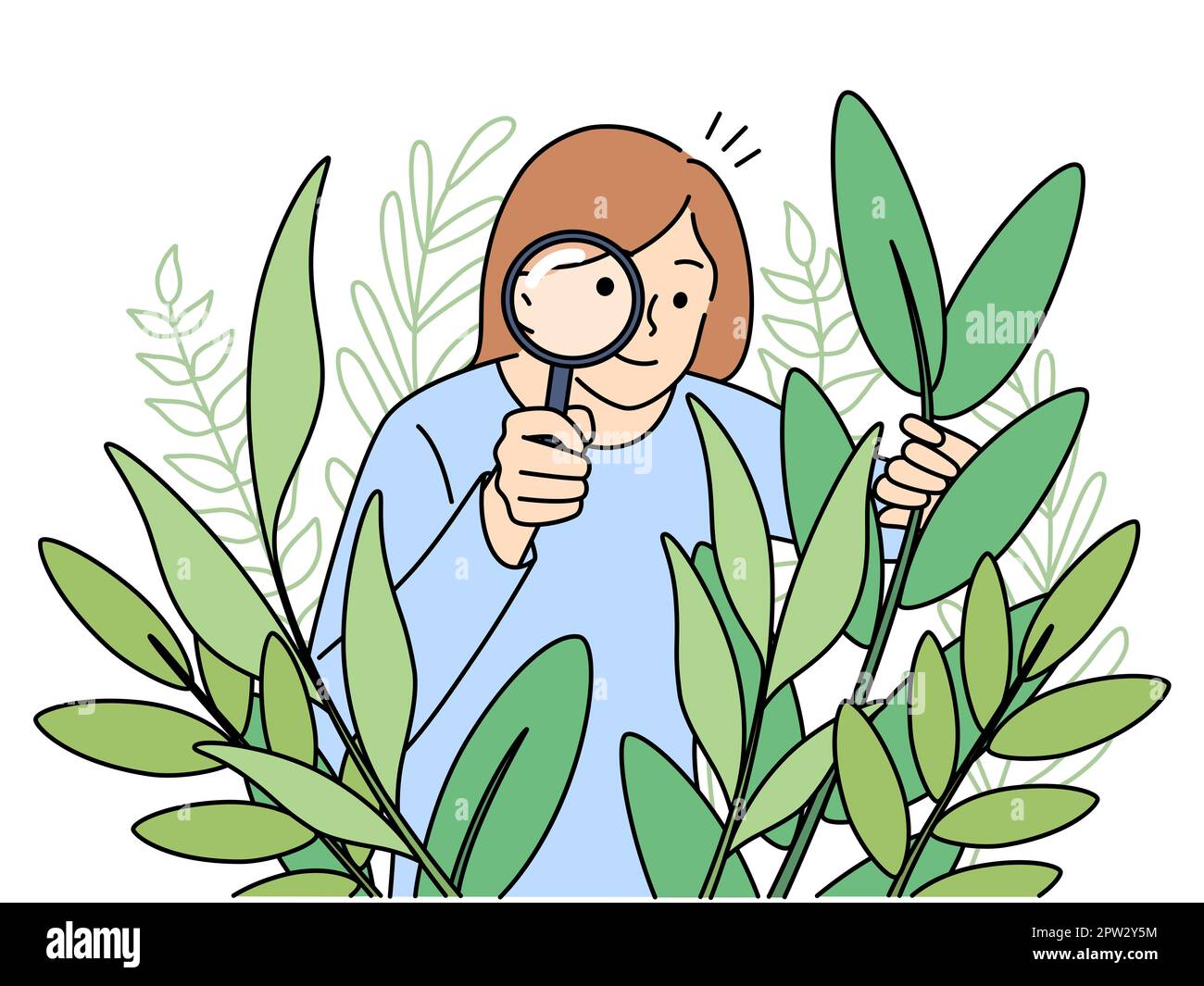 Happy woman look with magnifier examine plants outdoors. Smiling female ...