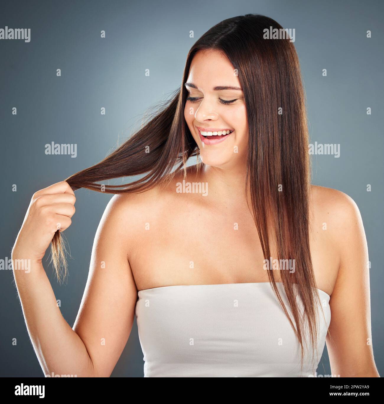 Hair care, woman and hair growth progress after keratin salon treatment with happiness. Smooth ...