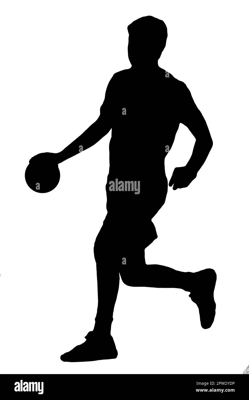 Handball player as silhouette isolated on white while throwing a ball ...